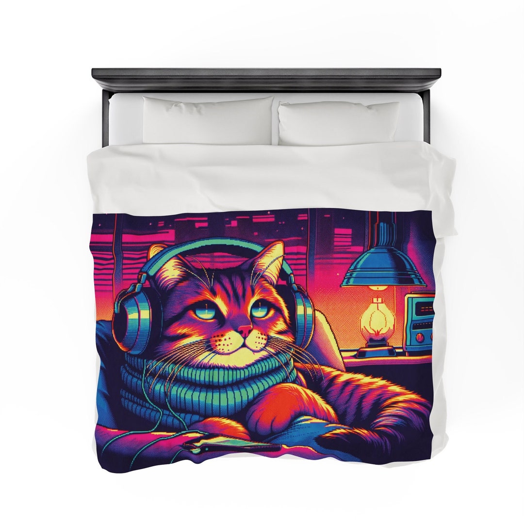 Digital Synthwave Cozy Cat Blanket for Teen Gamer Throw Blanket Music ...