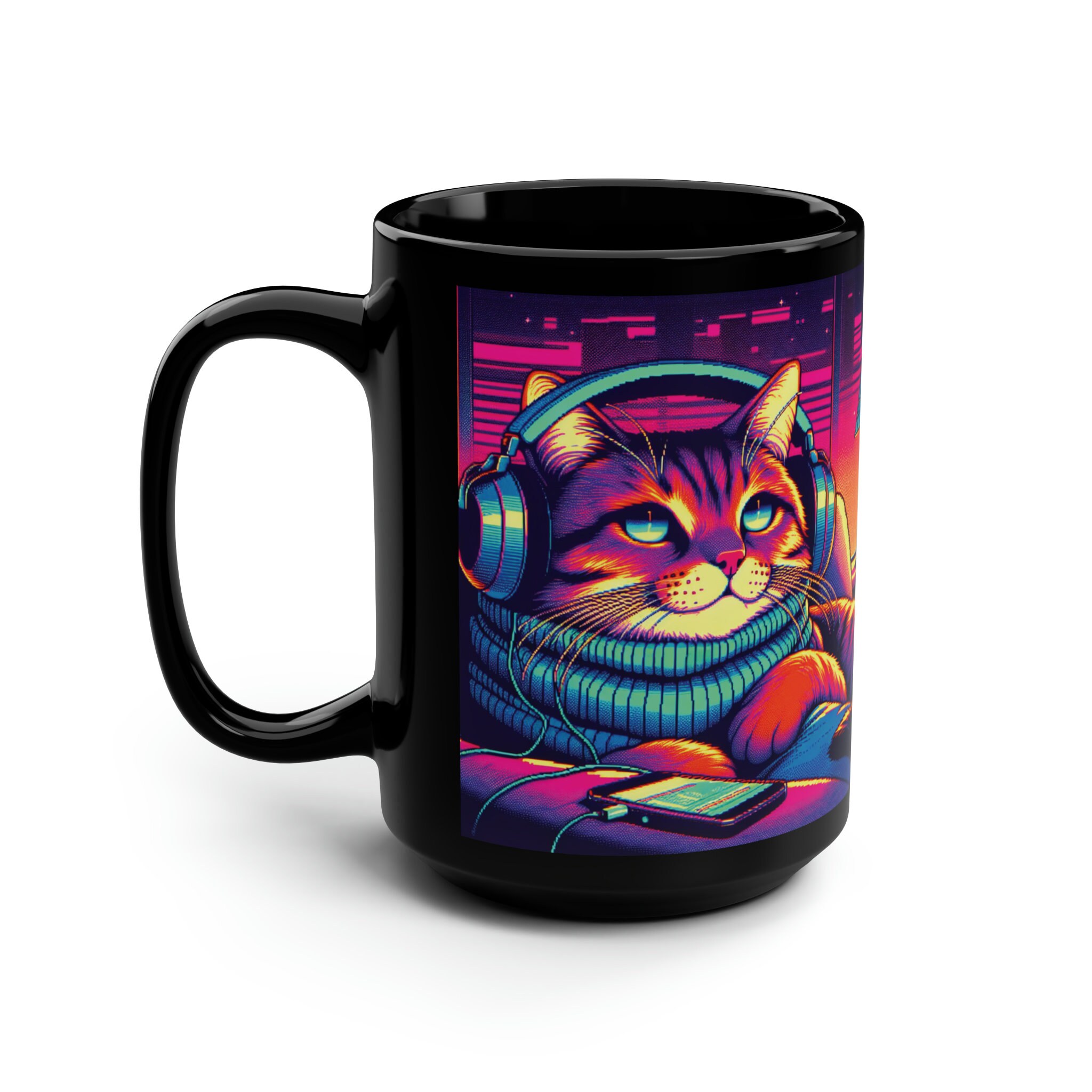 Pixel Art Cat Mug Cat Coffee Cup Synthwave Cat Mug Large Coffee Cup Cat ...