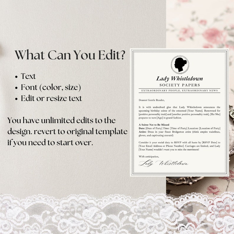 Bridgerton Theme Customizable Birthday Party Invitation Template - Etsy