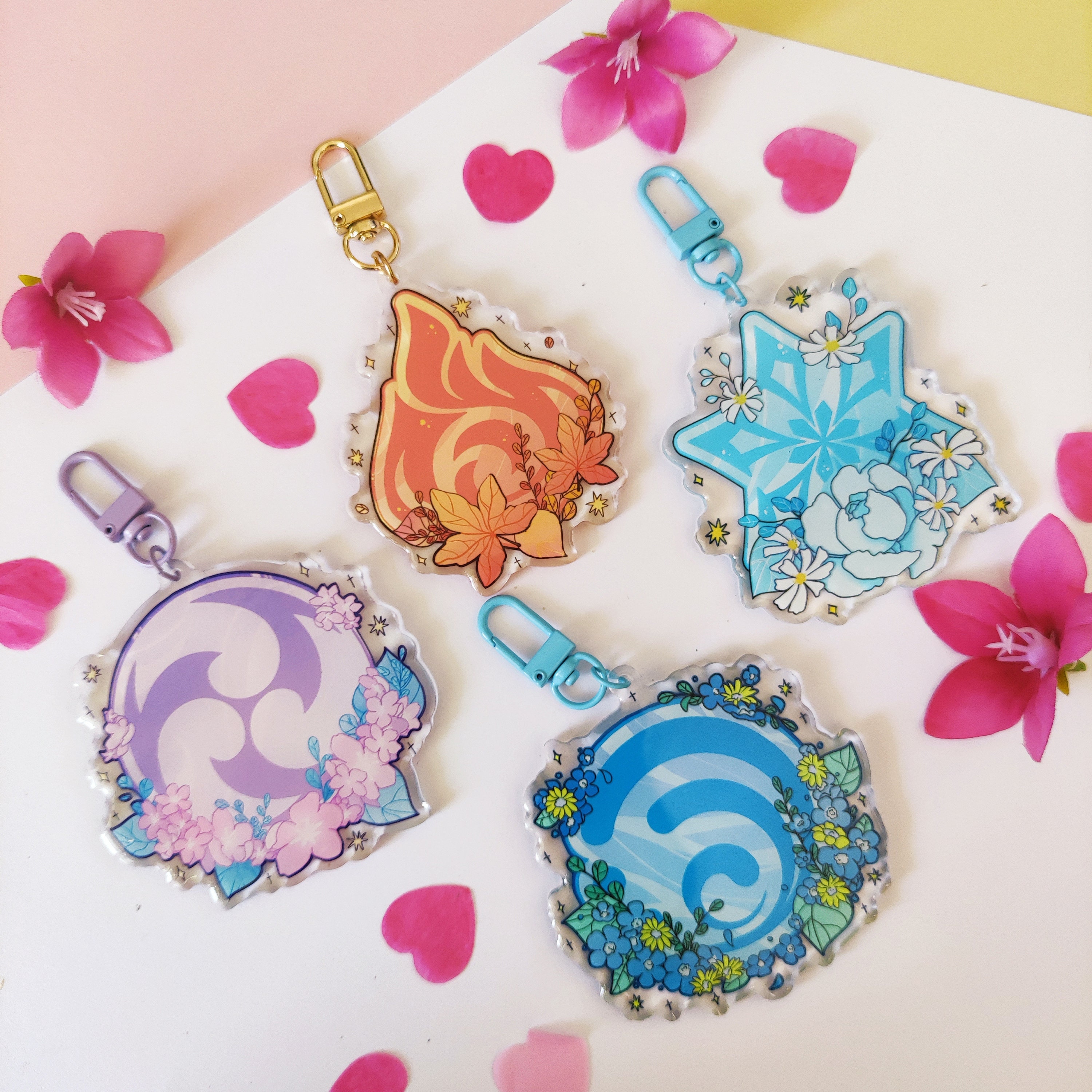 Genshin Impact Elements Acrylic Glitter Keychain Hydro Pyro Electro ...