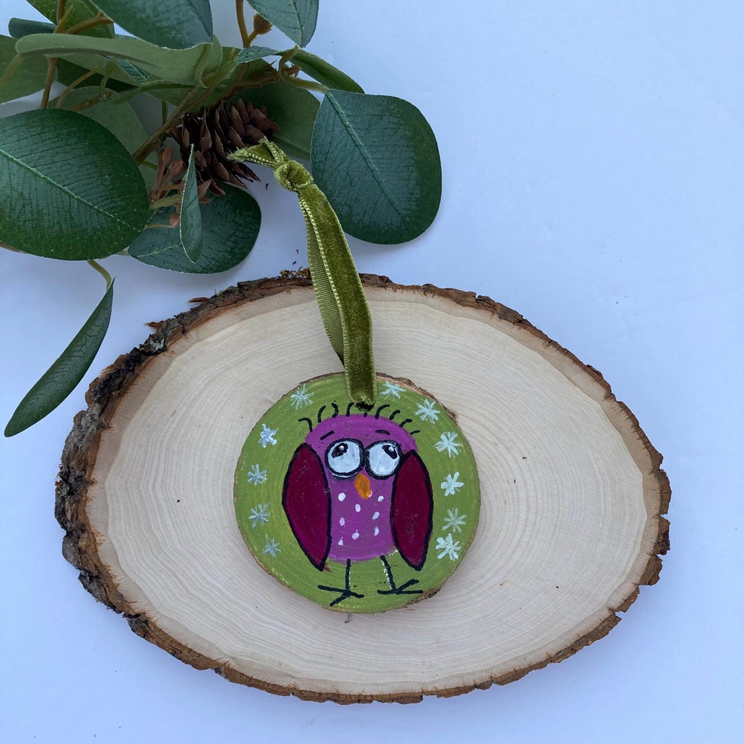 Handpainted Rustic Wood Slice Whimsical Bird Ornament - Etsy