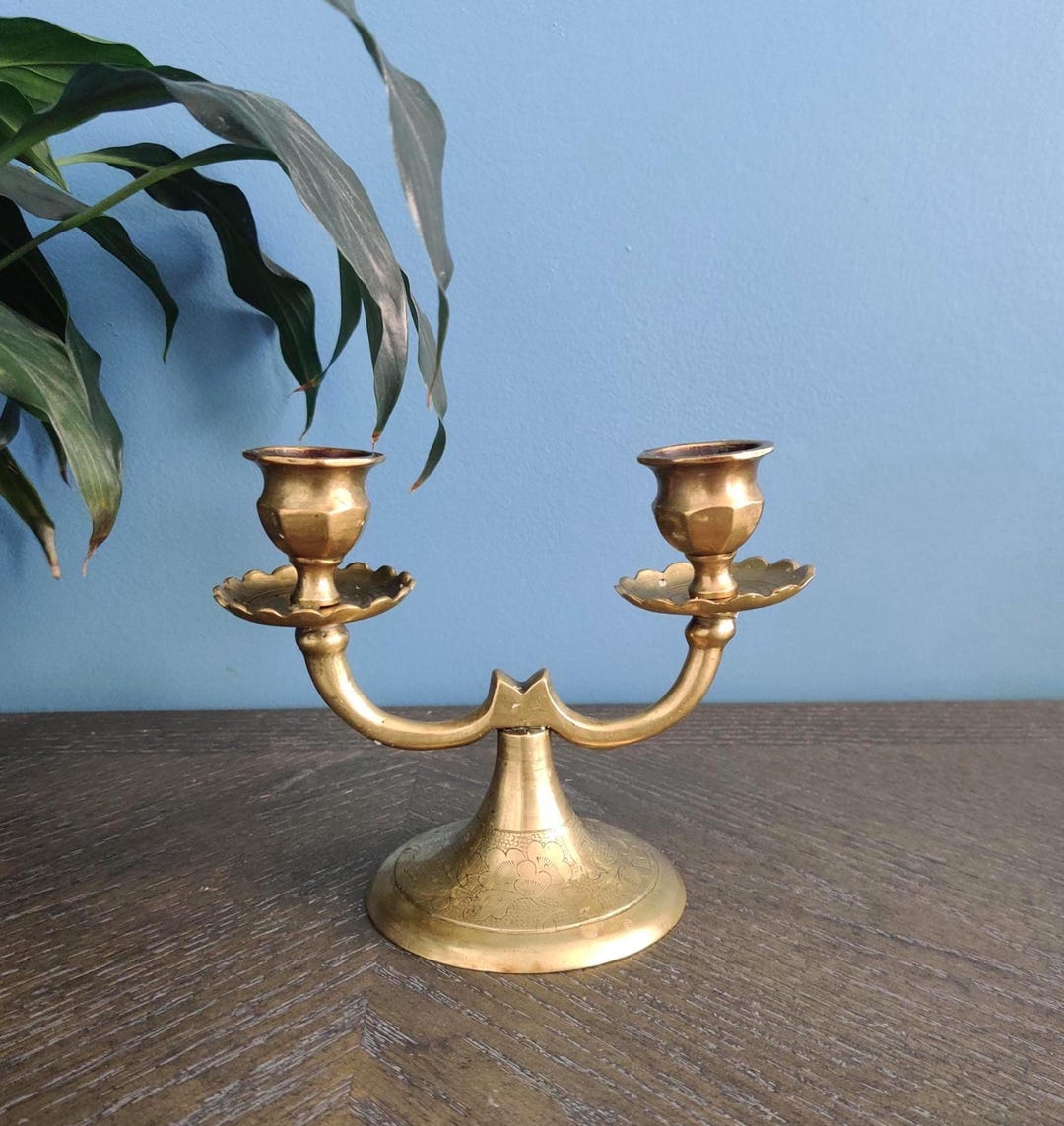 Vintage Brass Candelabra, Small Brass 2 Arm Candleholder, 4.5