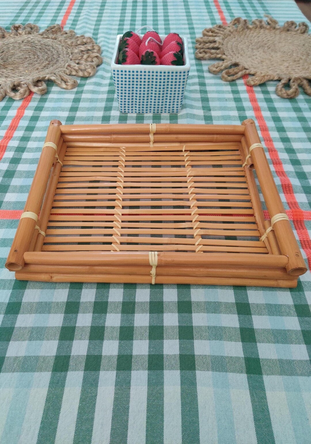 Vintage Woven Bamboo Square Tray, Boho Coastal Decor, 10"x12" - Etsy