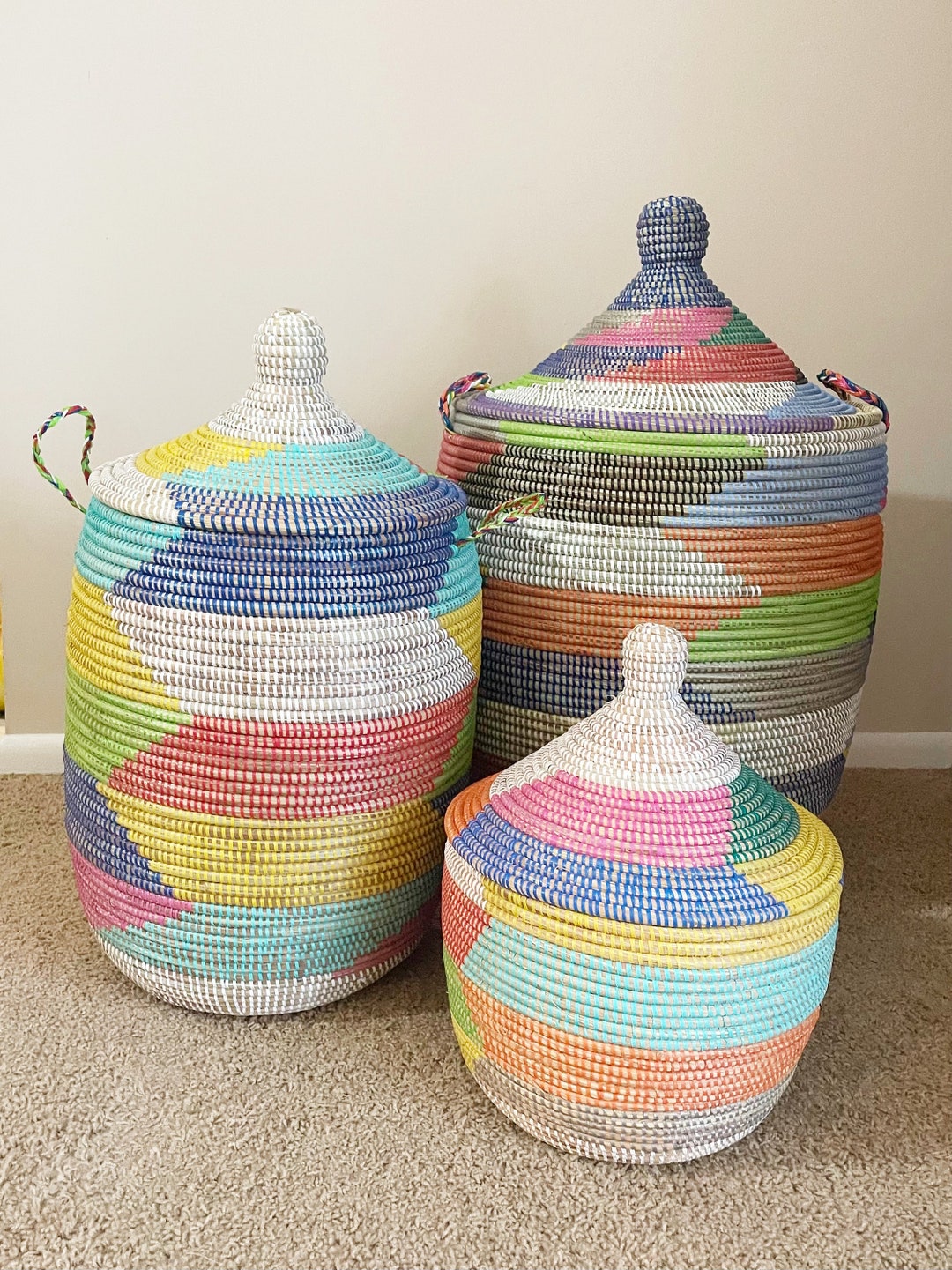 Set of 3 African Woven Baskets With Lid, Senegal Laundry Basket/hamper ...
