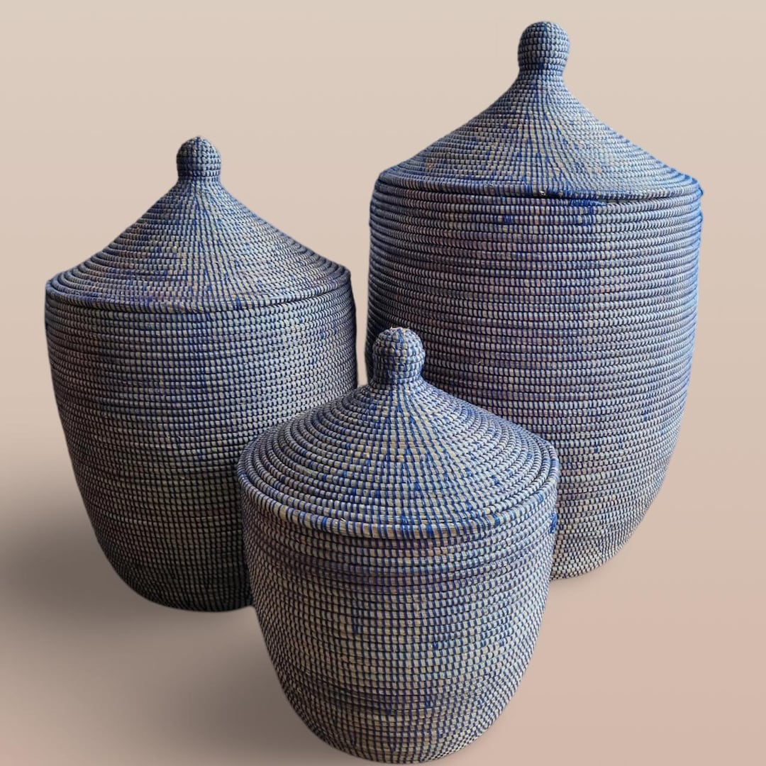 Set of 3 African Woven Baskets With Lid, Senegal Laundry Basket/hamper ...