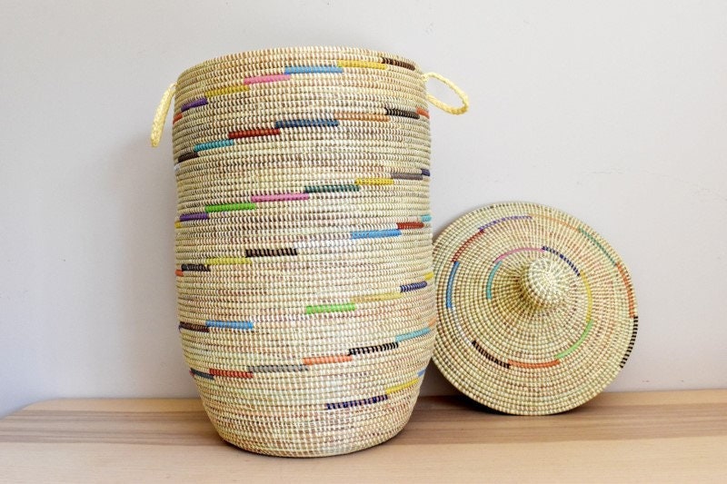 African Extra-large Woven Basket With Lid, Senegal Laundry Basket ...
