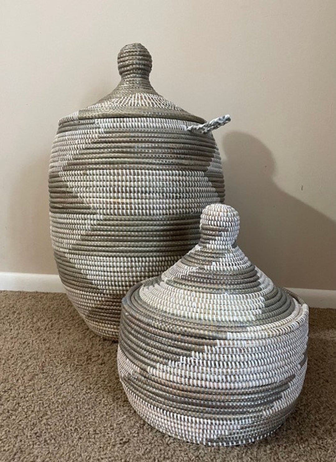 Set of 3 African Woven Baskets With Lid, Senegal Laundry Basket/hamper ...