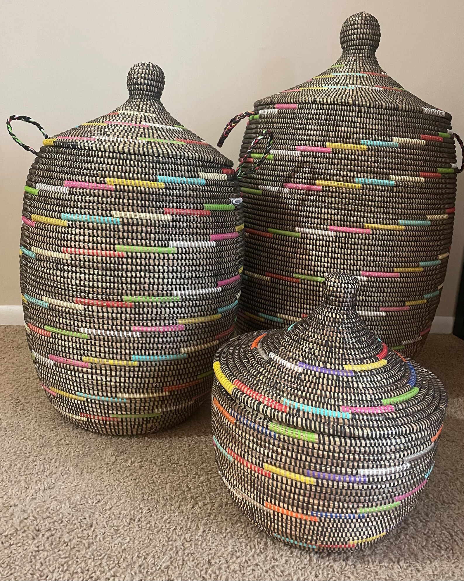 Set of 3 African Woven Baskets With Lid, Senegal Laundry Basket/hamper ...