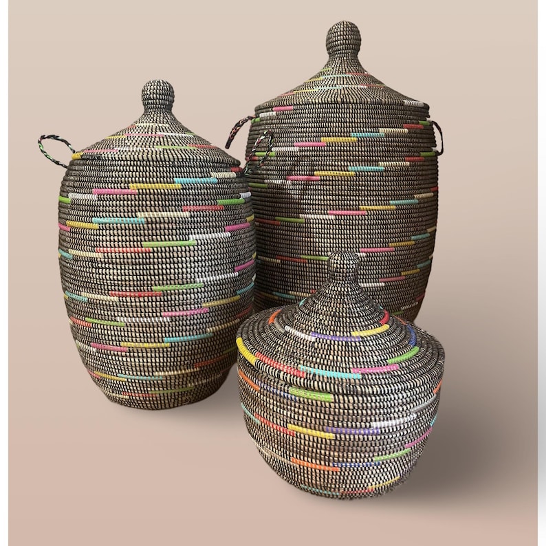 Set of 3 African Woven Baskets With Lid, Senegal Laundry Basket/hamper ...