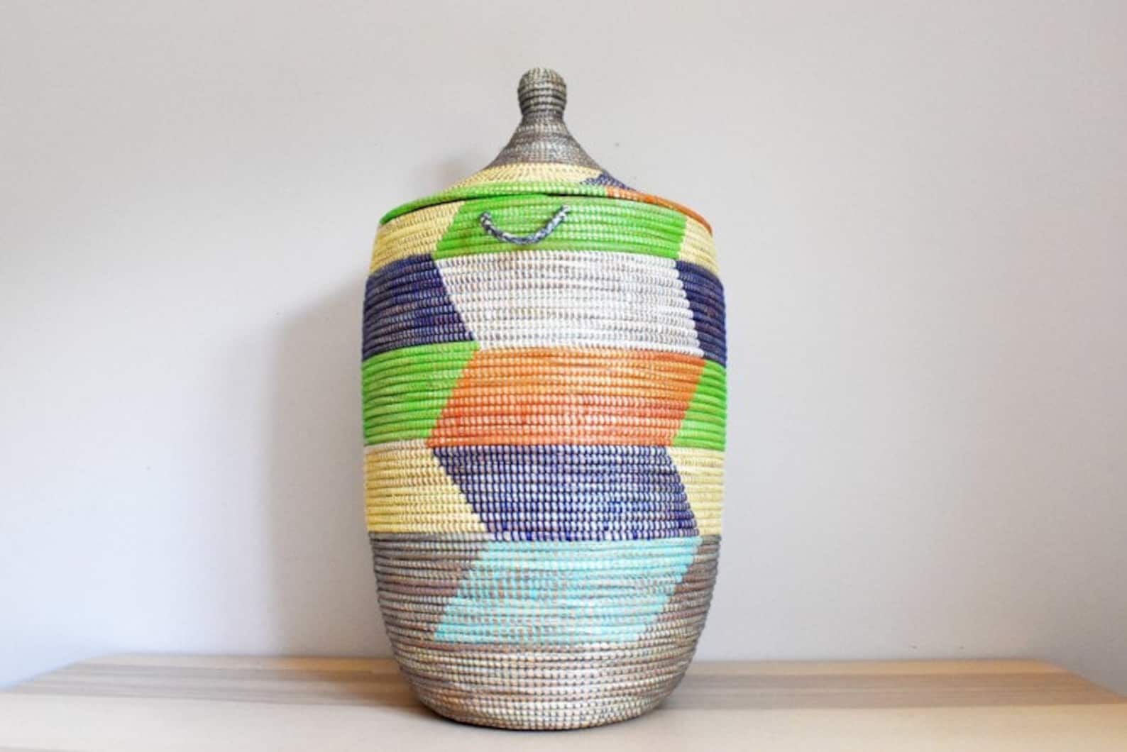 African Extra-large Woven Basket With Lid, Senegal Laundry Basket ...