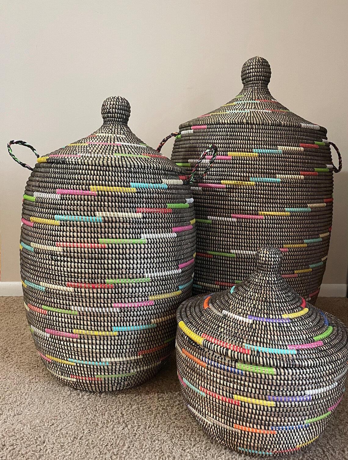 Set of 3 African Woven Baskets With Lid, Senegal Laundry Basket/hamper ...