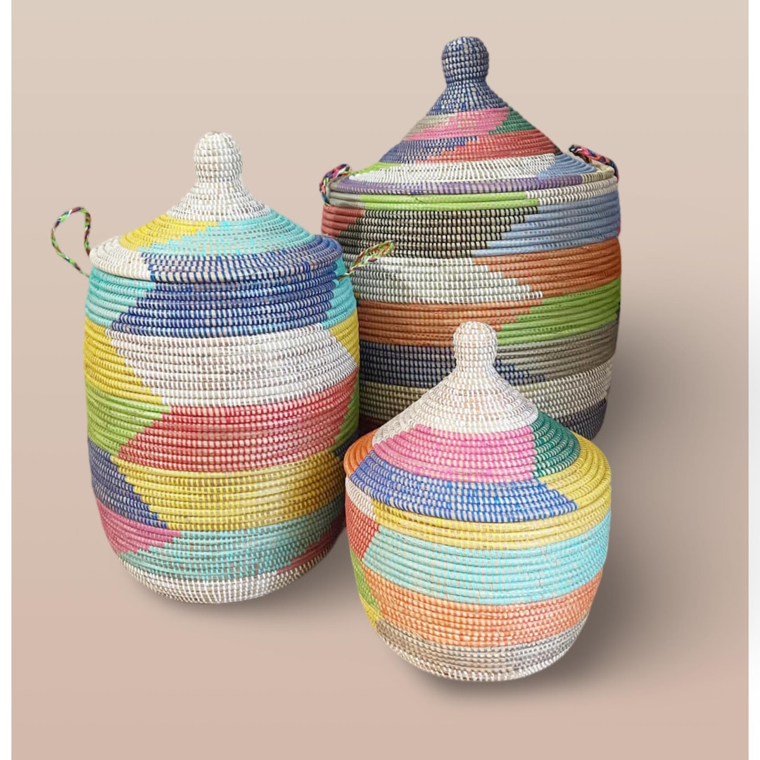 Set of 3 African Woven Baskets With Lid, Senegal Laundry Basket/hamper ...