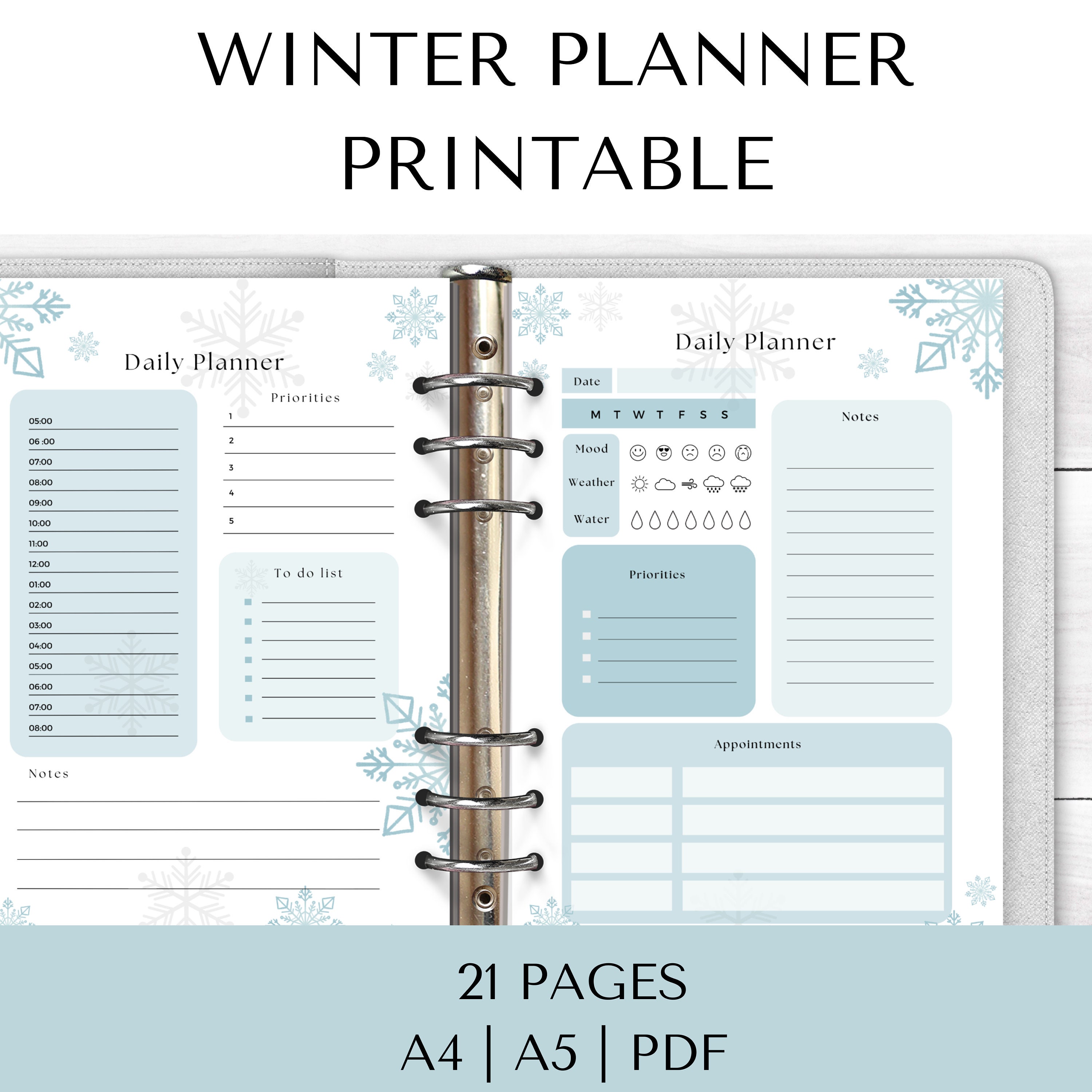 Winter Planners Printable PDF, PNG, Christmas Season Snow Flakes, Daily ...