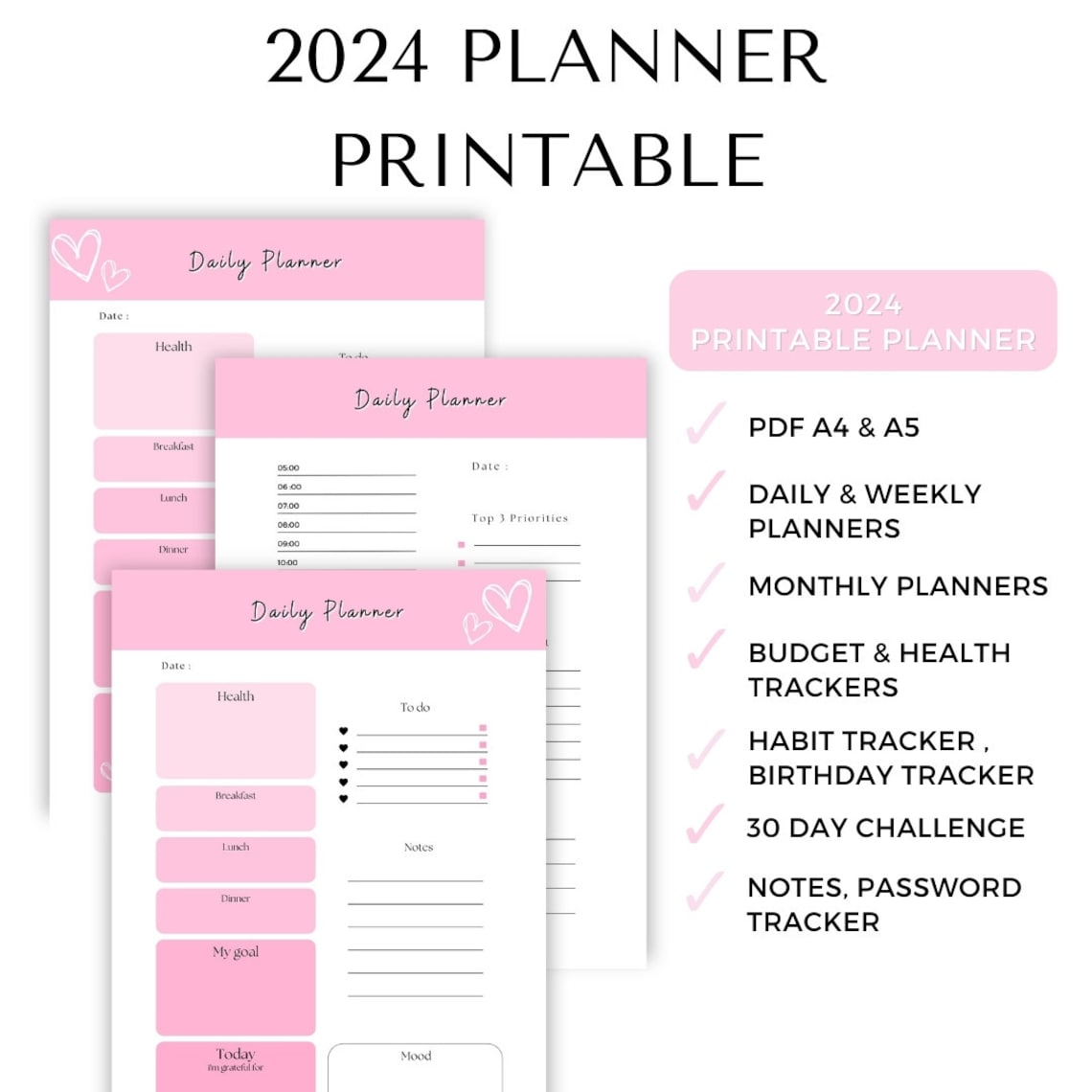 2024 Planner Printable PDF, Heart Pink Planner, Girly Planner, Daily ...