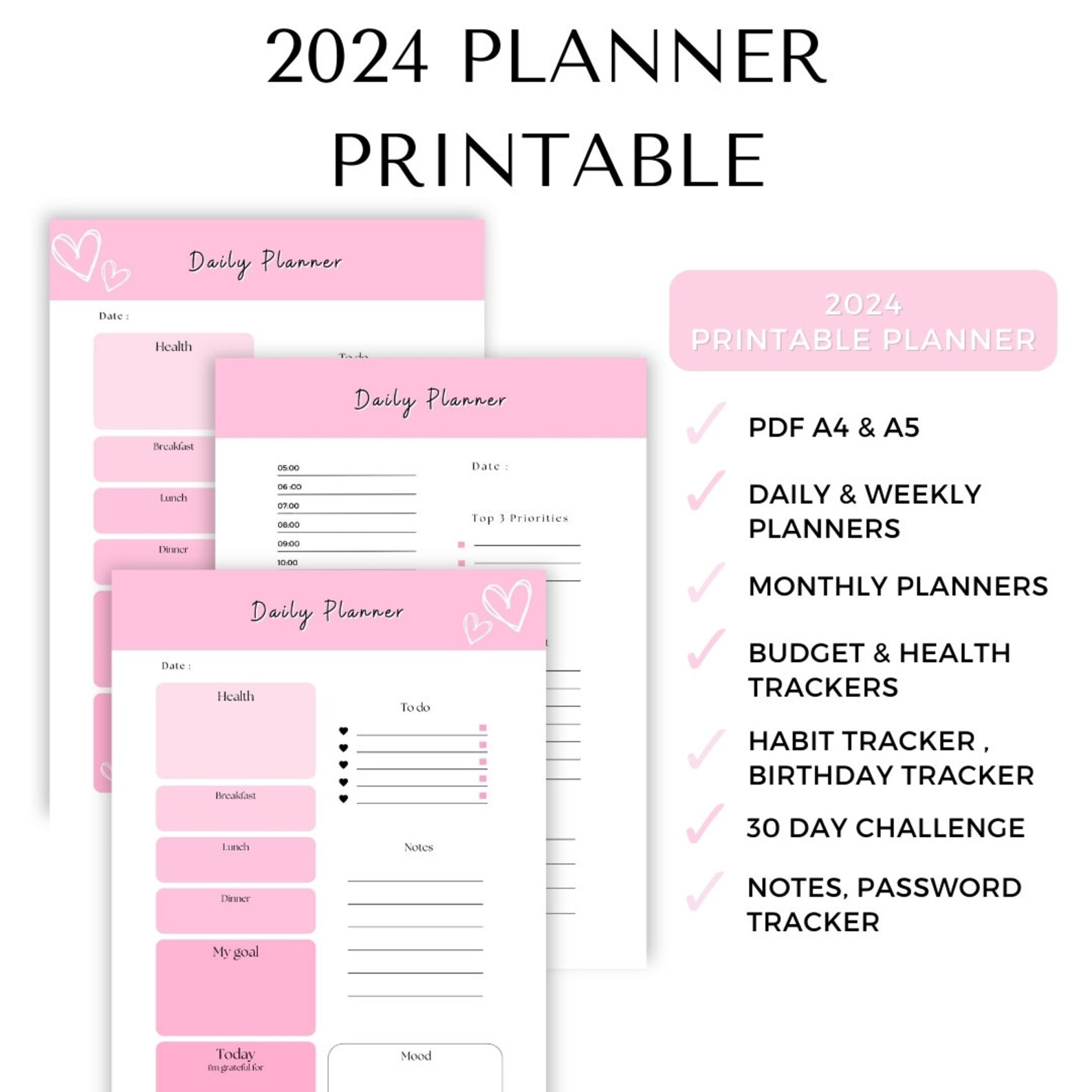 2024 Planner Printable PDF, Heart Pink Planner, Girly Planner, Daily ...