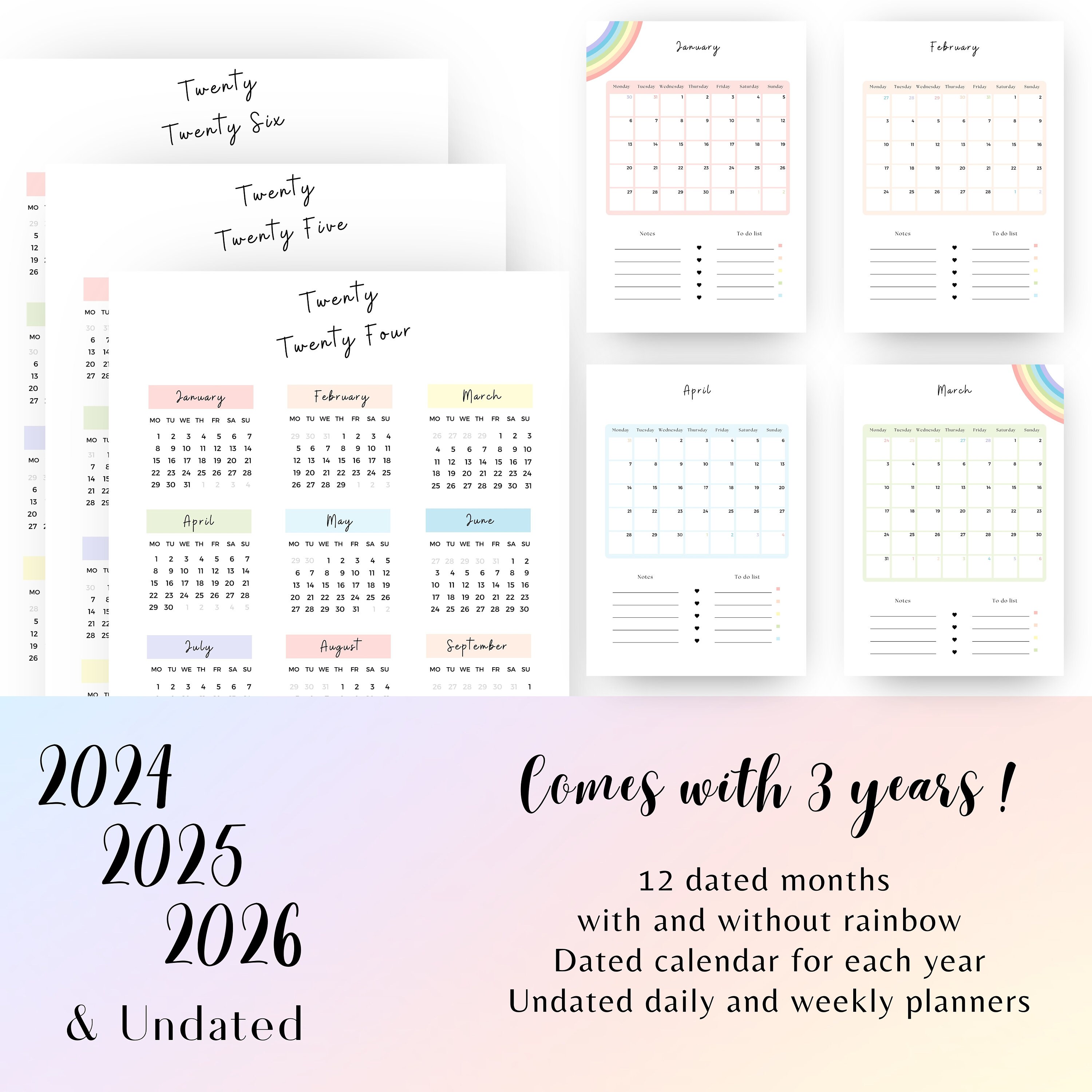 2024 Printable Planner Bundle Colorful Rainbow PDF 2025 2026 Daily ...