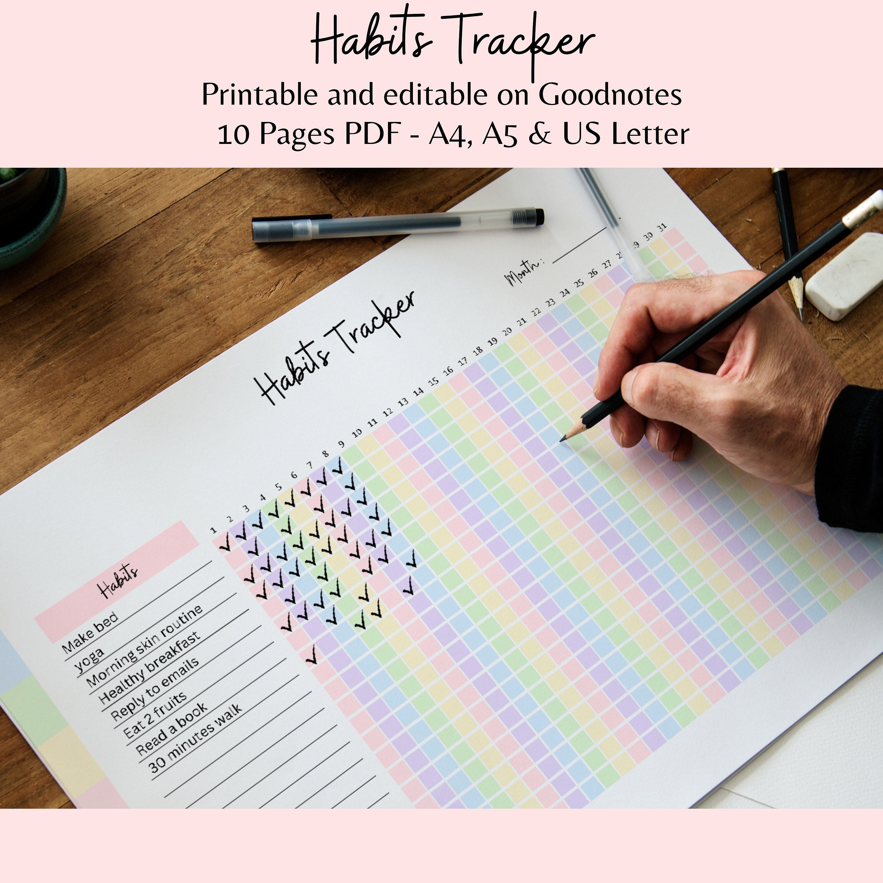 Monthly Habit Tracker Printable Planner PDF Pink A4 A5 Goal Tracker ...