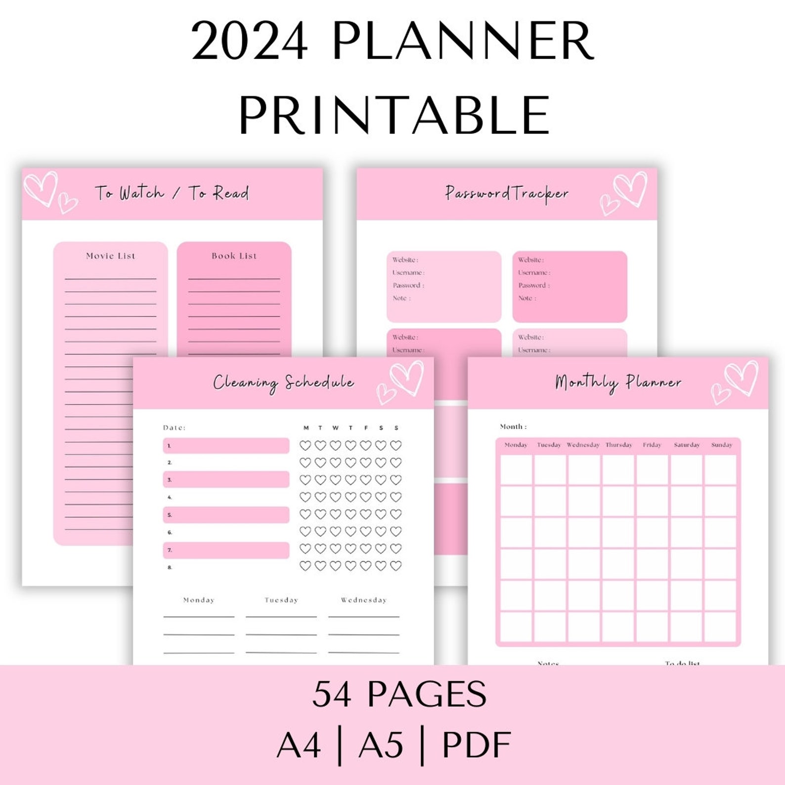 2024 Planner Printable PDF, Heart Pink Planner, Girly Planner, Daily ...