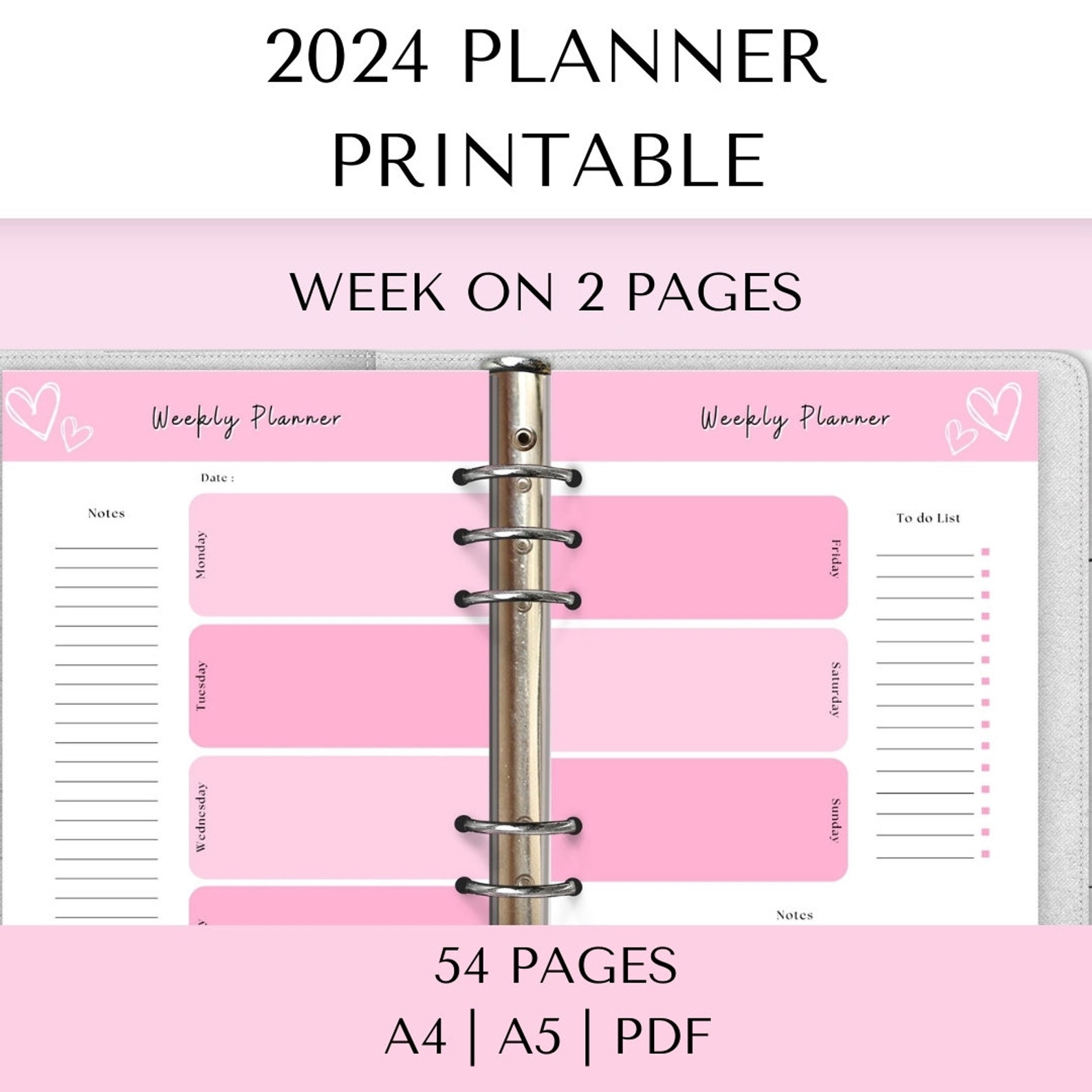 2024 Planner Printable PDF, Heart Pink Planner, Girly Planner, Daily ...