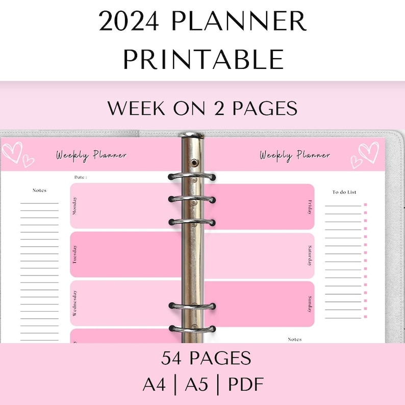 2024 Planner Printable PDF, Heart Pink Planner, Girly Planner, Daily ...