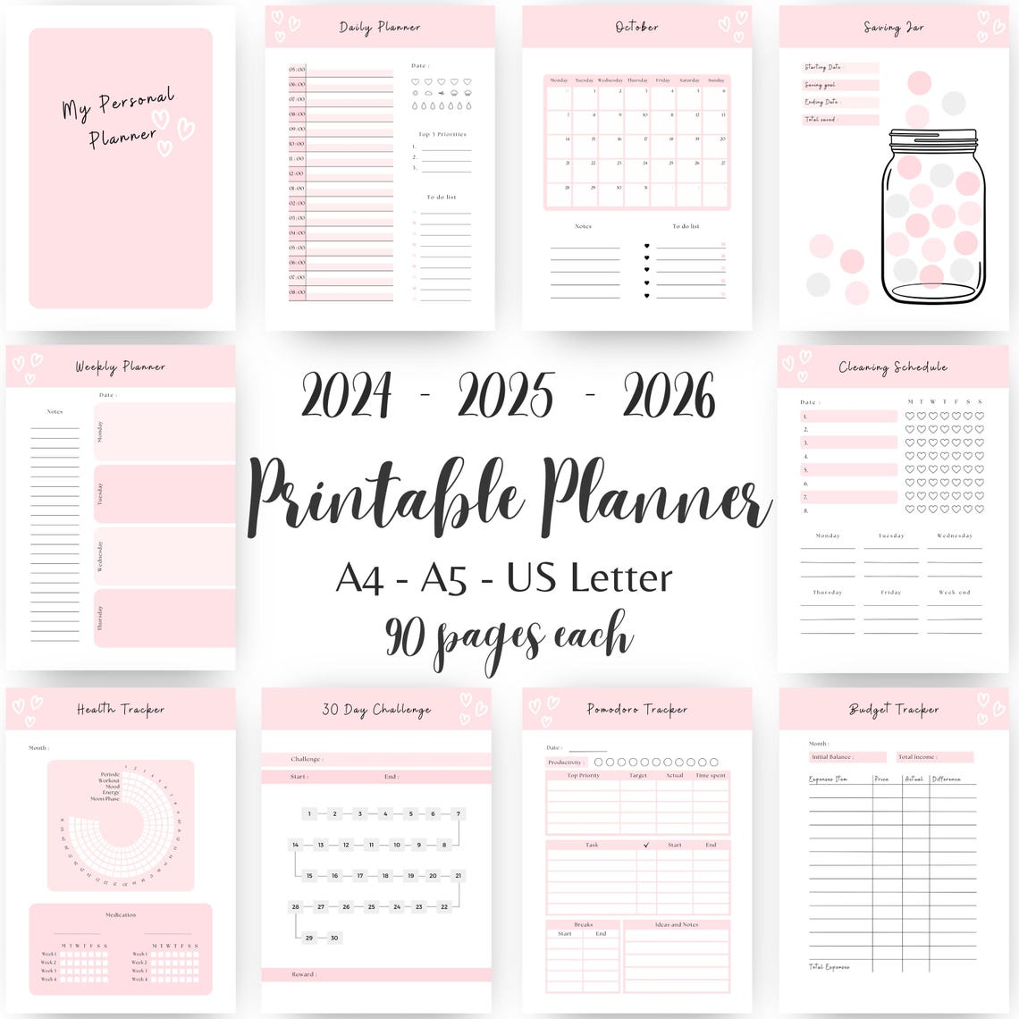 2025 Printable Planner Bundle Girly Pink Heart PDF 2026 Daily A5 ...