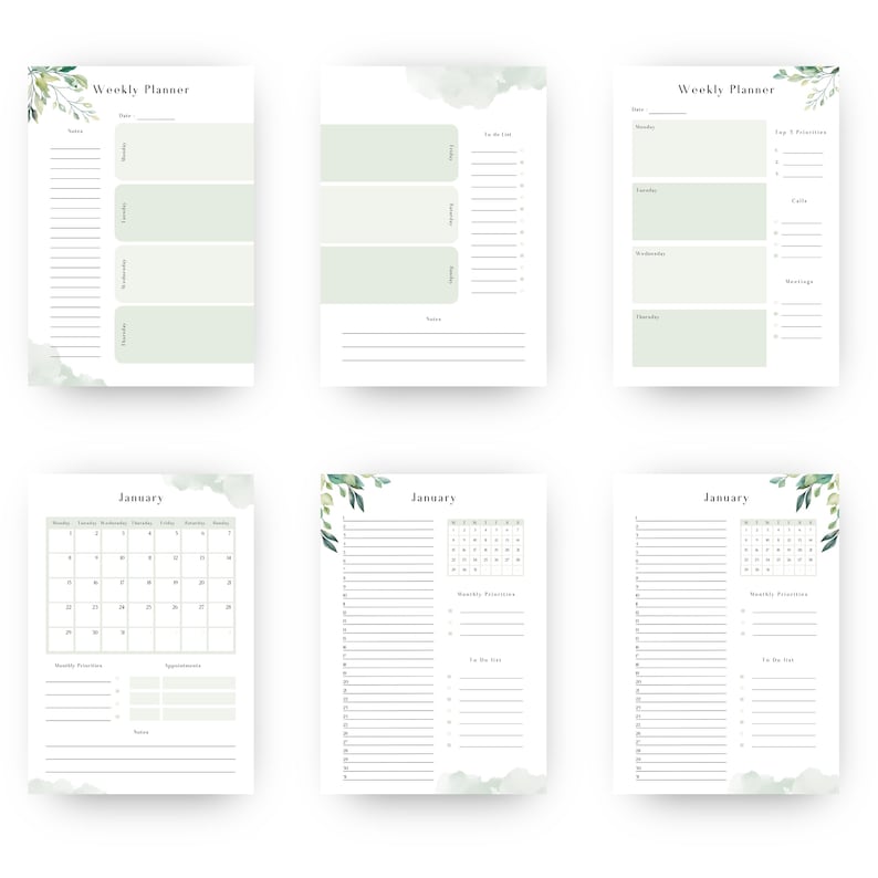 2024 2025 2026 Printable Planner Greenery Dated Undated, Green Leaves ...