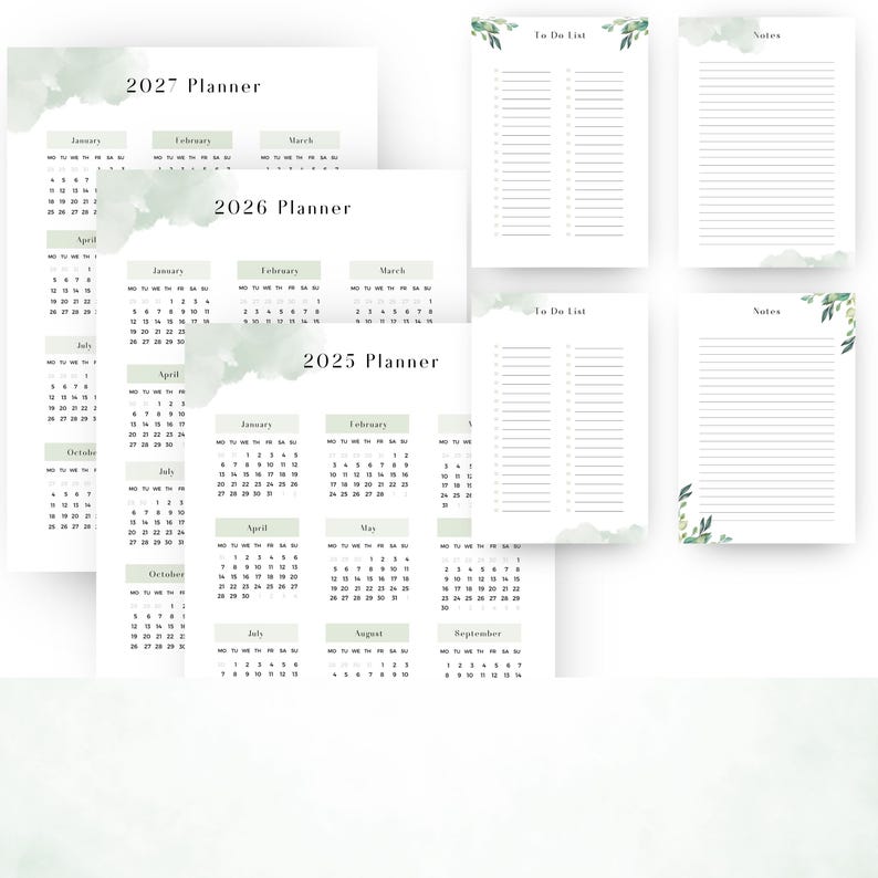 2024 2025 2026 Printable Planner Greenery Dated Undated, Green Leaves ...