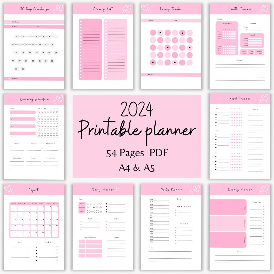 2024 Planner Printable PDF, Heart Pink Planner, Girly Planner, Daily ...