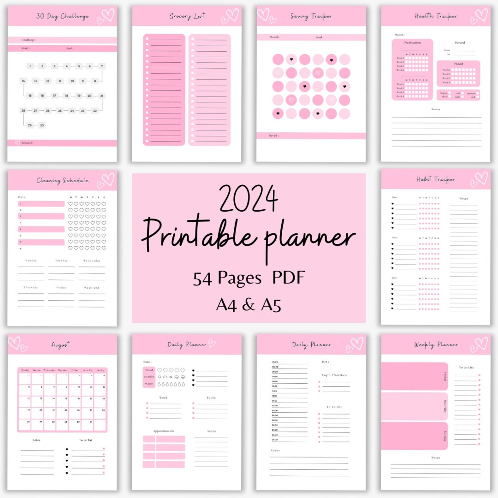 2024 Planner Printable PDF, Heart Pink Planner, Girly Planner, Daily ...