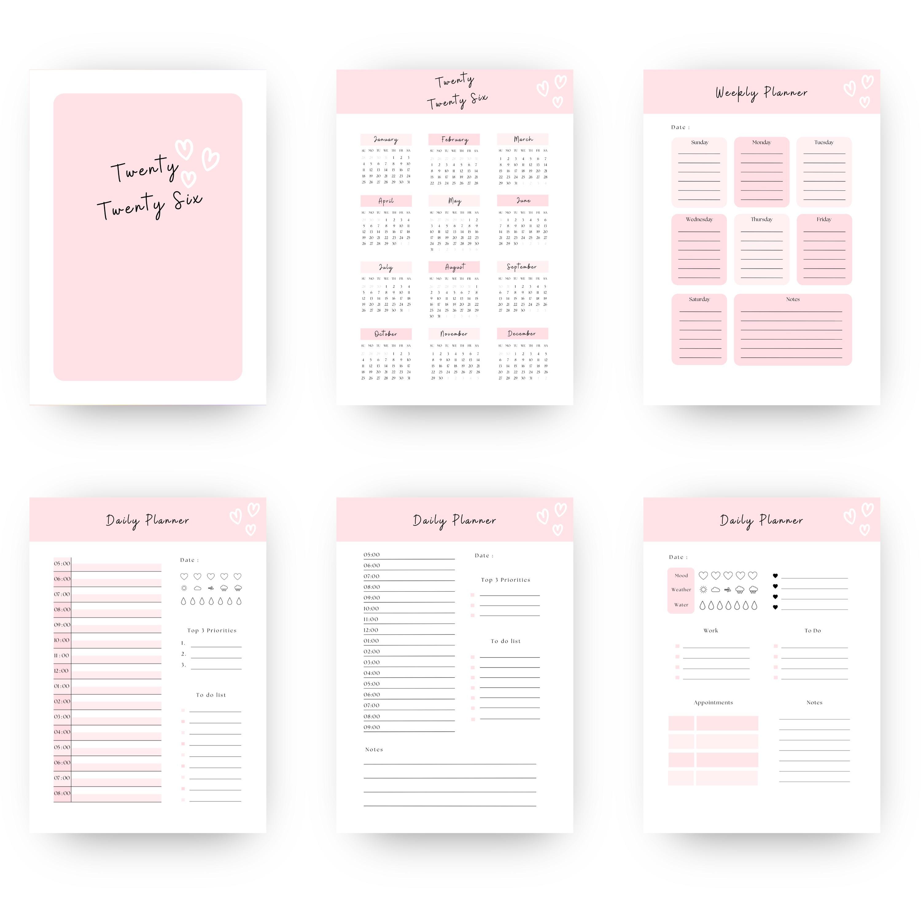 2025 Printable Planner Bundle Girly Pink Heart PDF 2026 Daily A5 ...