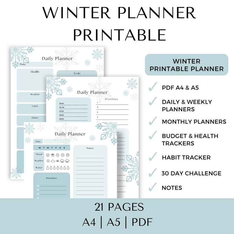 Winter Planners Printable PDF, PNG, Christmas Season Snow Flakes, Daily ...