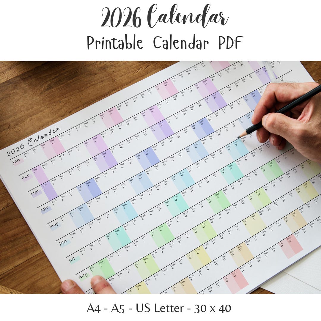 2026 Calendar Printable - 40x30 A4 A5 Letter - 3 Color Versions, Pastel ...