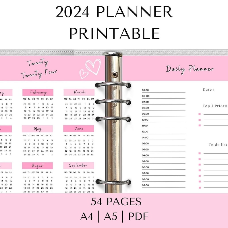 2024 Planner Printable PDF, Heart Pink Planner, Girly Planner, Daily ...