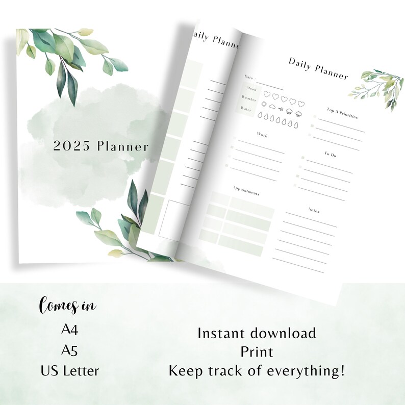 2024 2025 2026 Printable Planner Greenery Dated Undated, Green Leaves ...