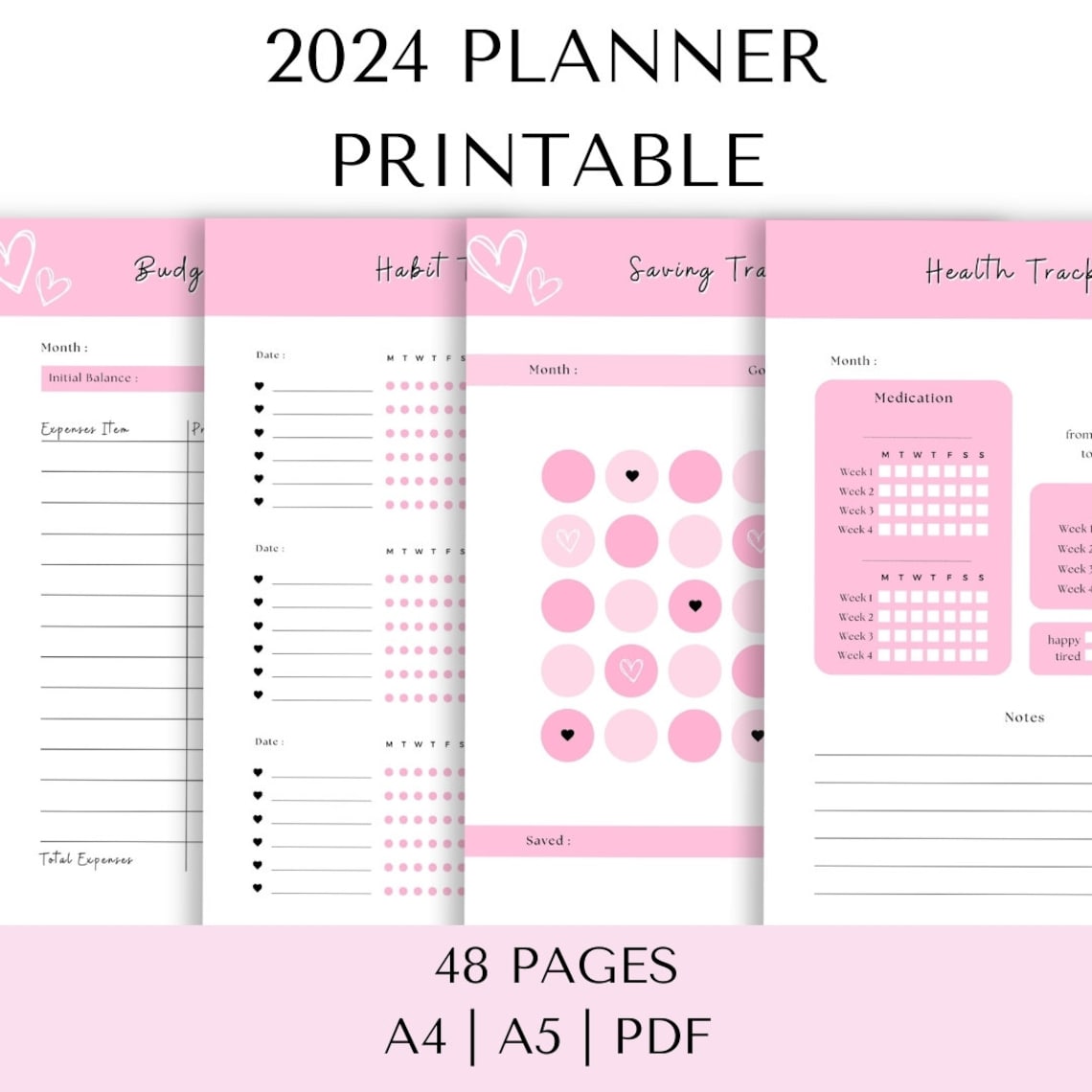 2024 Planner Printable PDF, Heart Pink Planner, Girly Planner, Daily ...