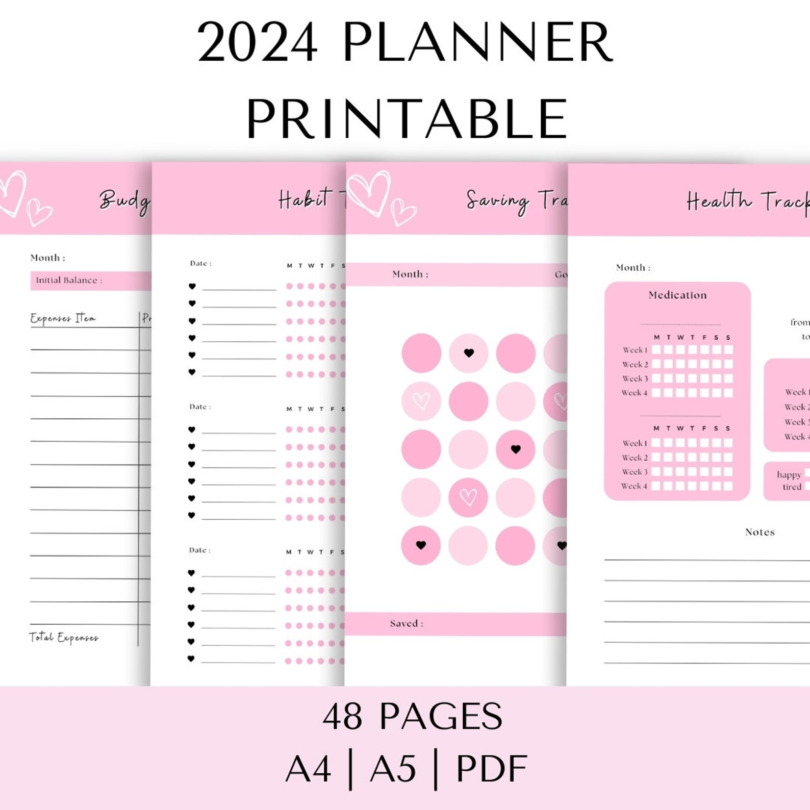 2024 Planner Printable PDF, Heart Pink Planner, Girly Planner, Daily ...