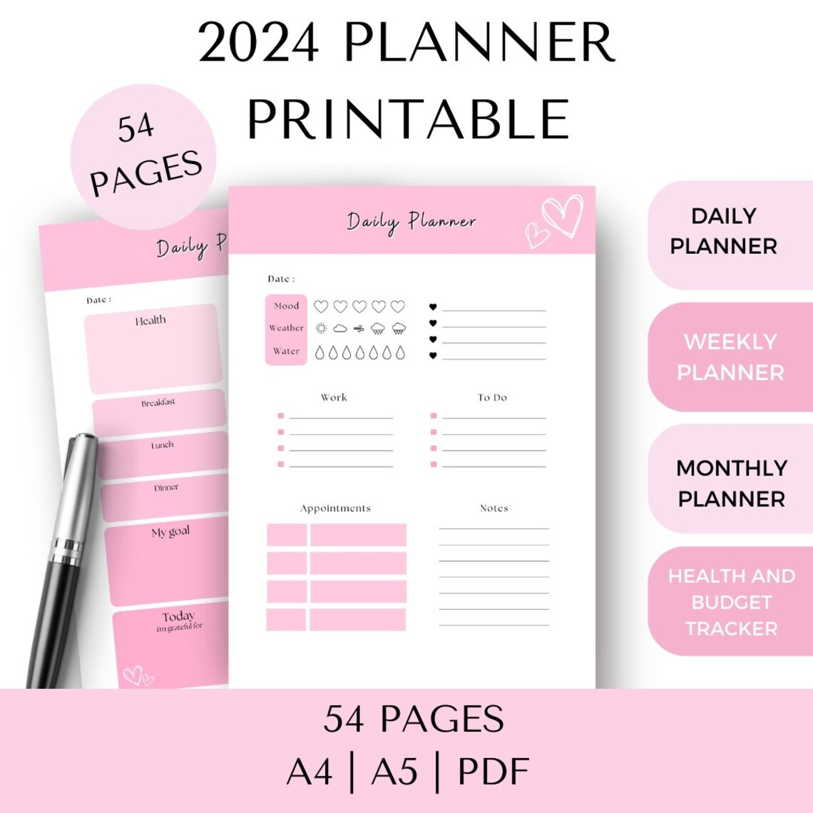 2024 Planner Printable PDF, Heart Pink Planner, Girly Planner, Daily ...