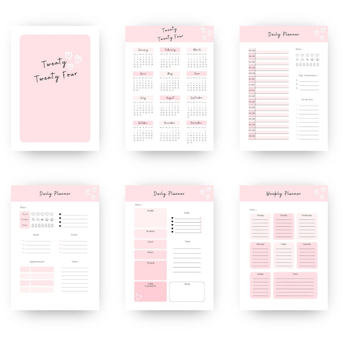 2025 Printable Planner Bundle Girly Pink Heart PDF 2026 Daily A5 ...