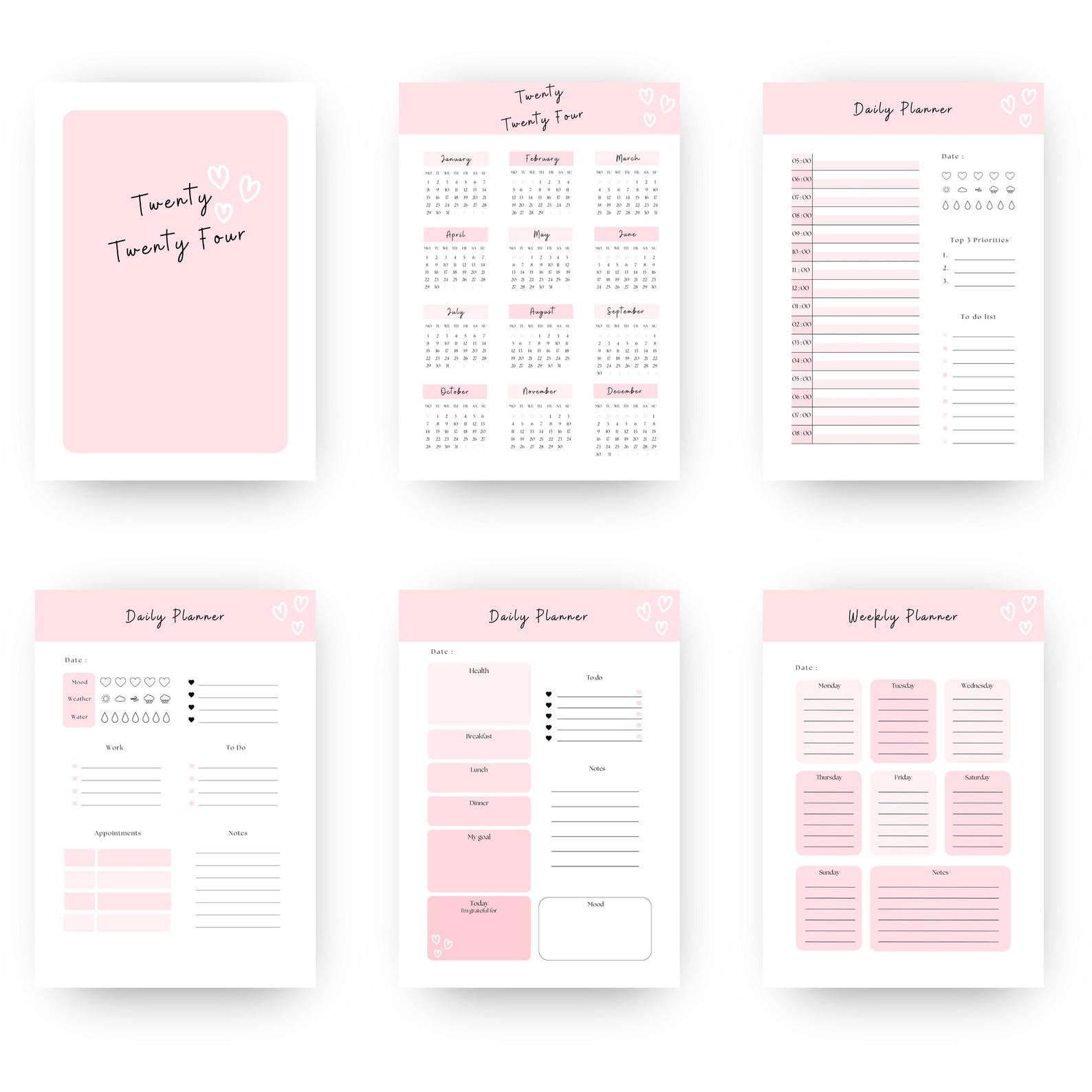 2025 Printable Planner Bundle Girly Pink Heart PDF 2026 Daily A5 ...