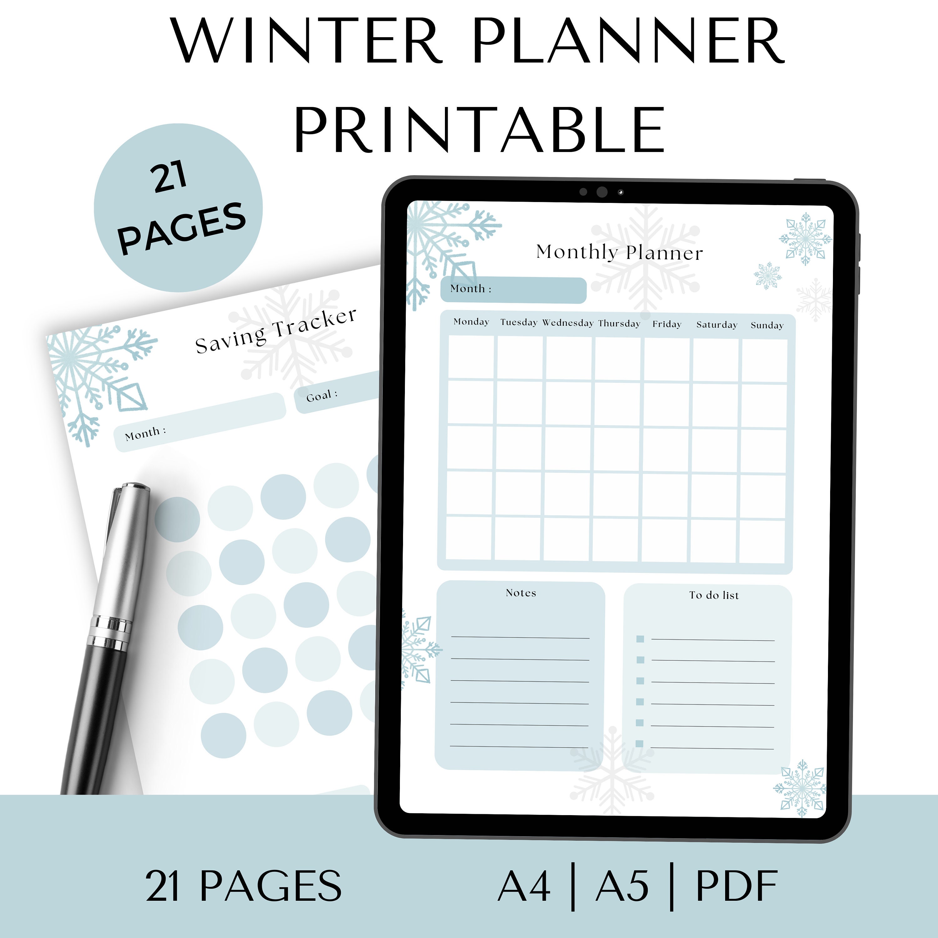 Winter Planners Printable PDF, PNG, Christmas Season Snow Flakes, Daily ...