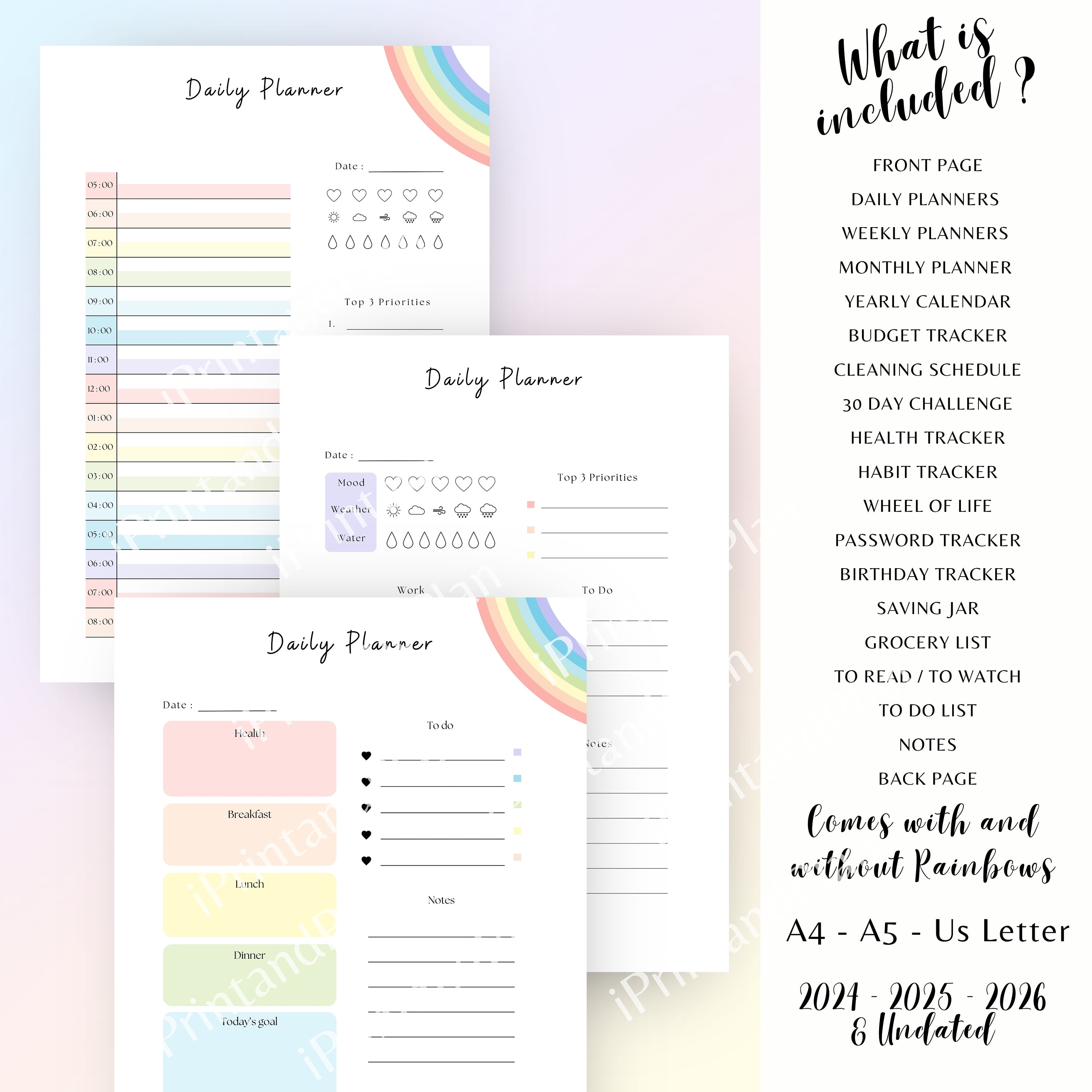 2024 Printable Planner Bundle Colorful Rainbow PDF 2025 2026 Daily ...