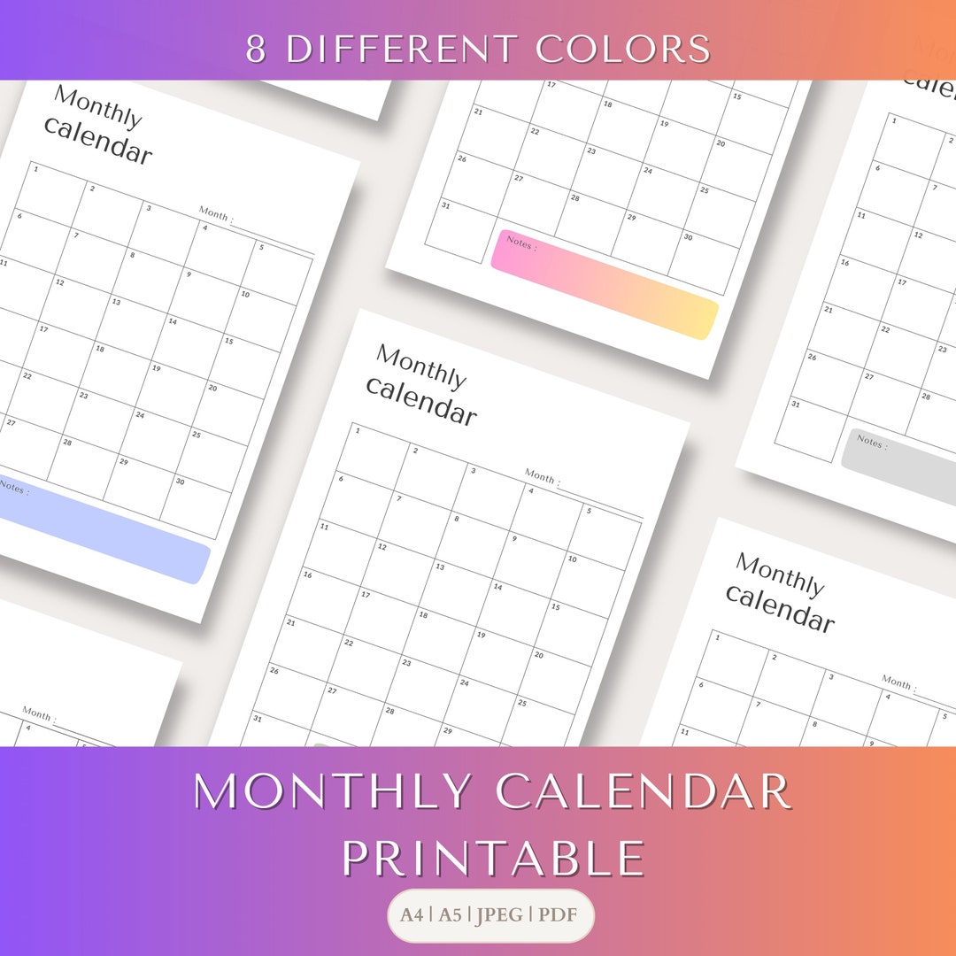 Monthly Calendar PDF Printable JPEG Planner Printabler - Etsy Canada