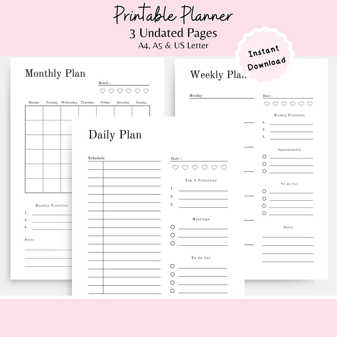Printable Planner Set PDF Minimalist Planner Insert, Undated Daily ...