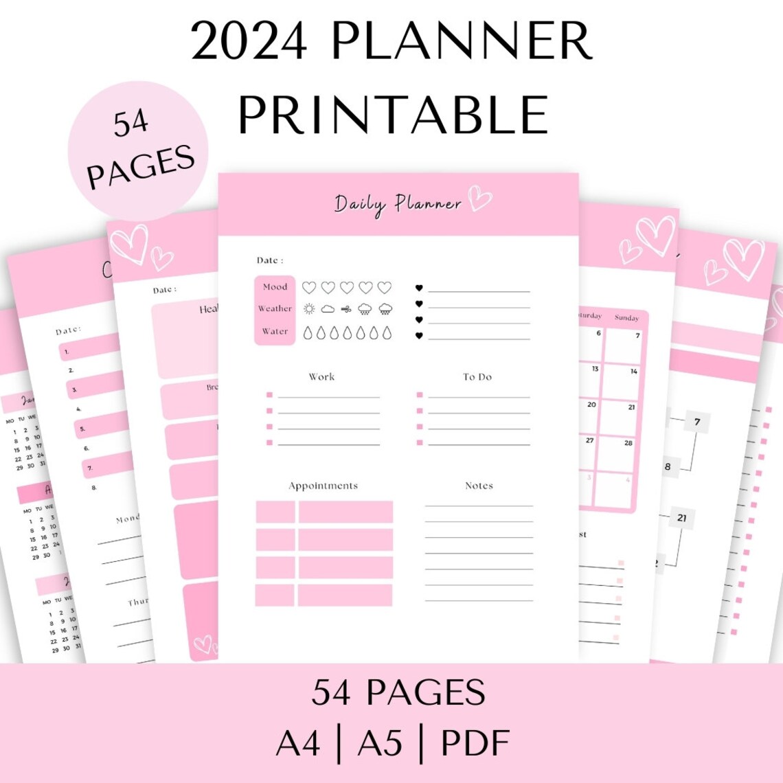 2024 Planner Printable PDF, Heart Pink Planner, Girly Planner, Daily ...