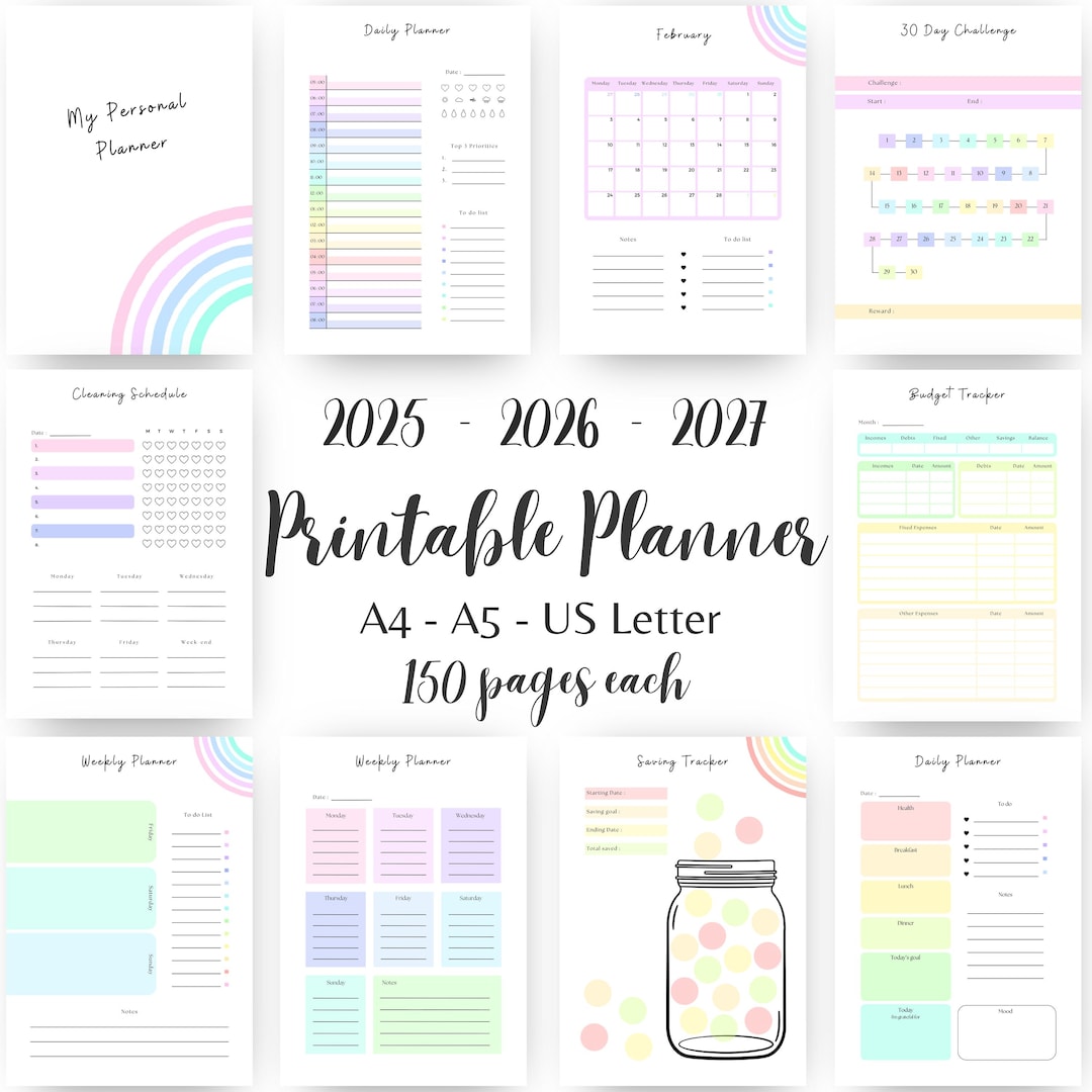 Printable Planner Bundle Colorful Rainbow PDF 2025 2026 2027 Daily ...