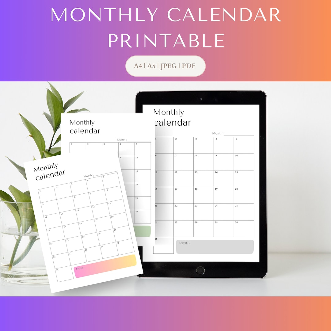 Calendario mensual imprimible PDF JPEG Planificador - Etsy México