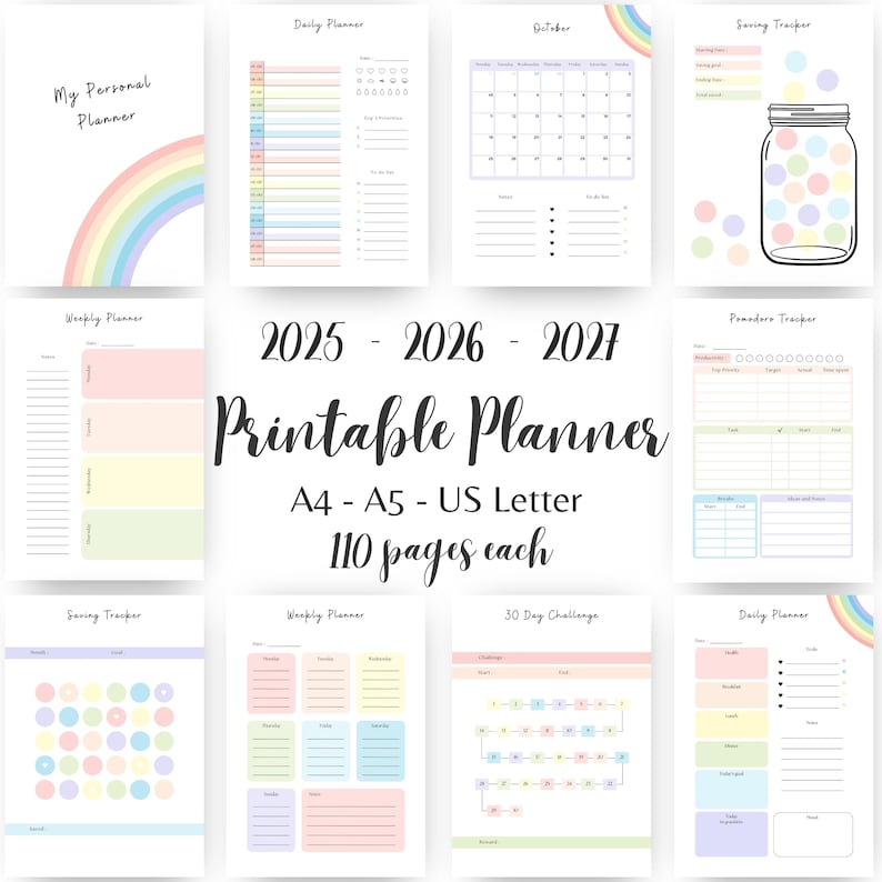 Rainbow Planner Printable 2025 2026 2027 PDF, Agenda Insert, Daily ...