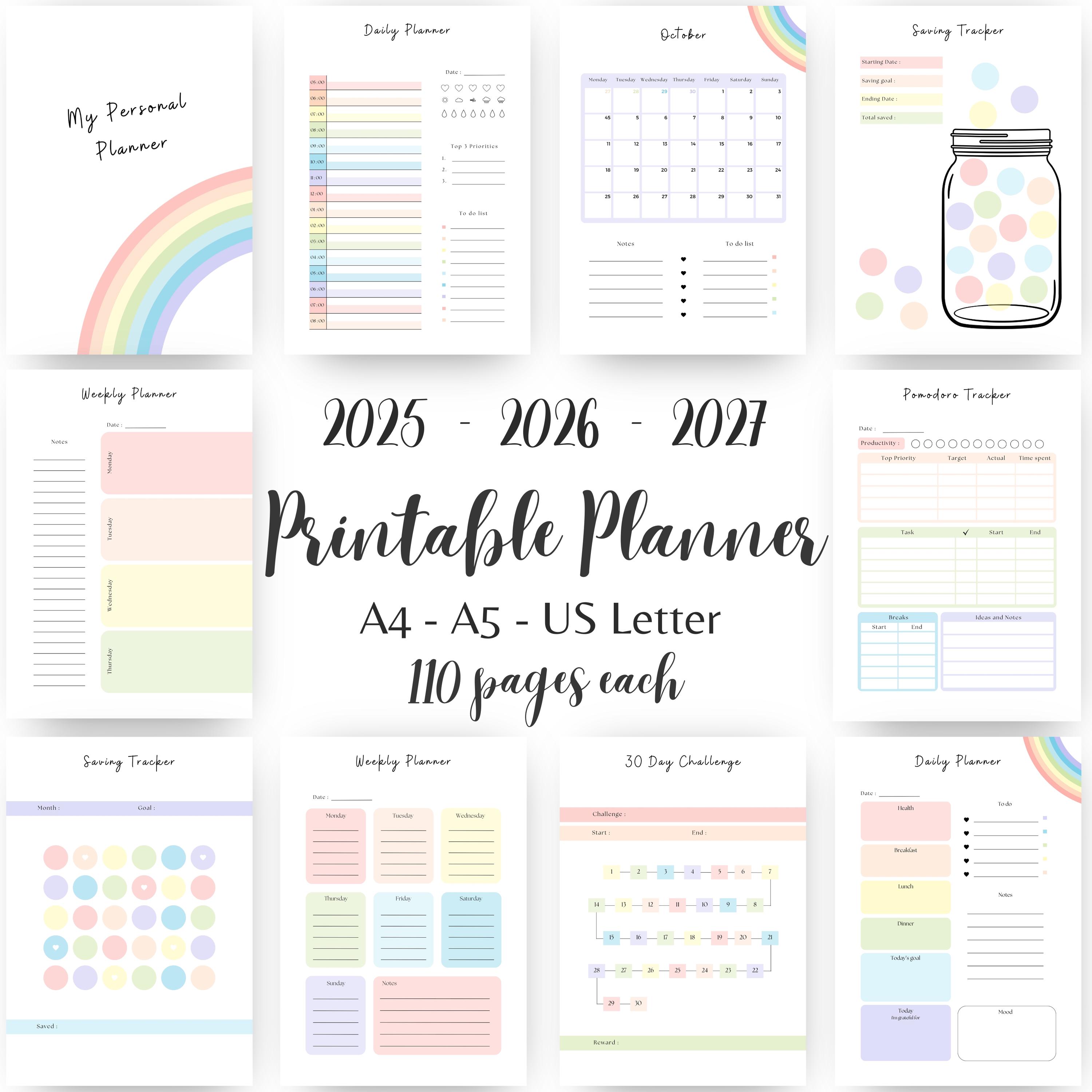 Rainbow Planner Printable 2025 2026 2027 PDF, Agenda Insert, Daily ...