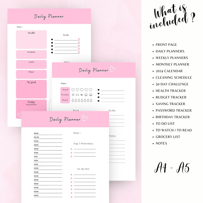 2024 Planner Printable Bundle PDF Pink Girly Planner Daily Planner ...