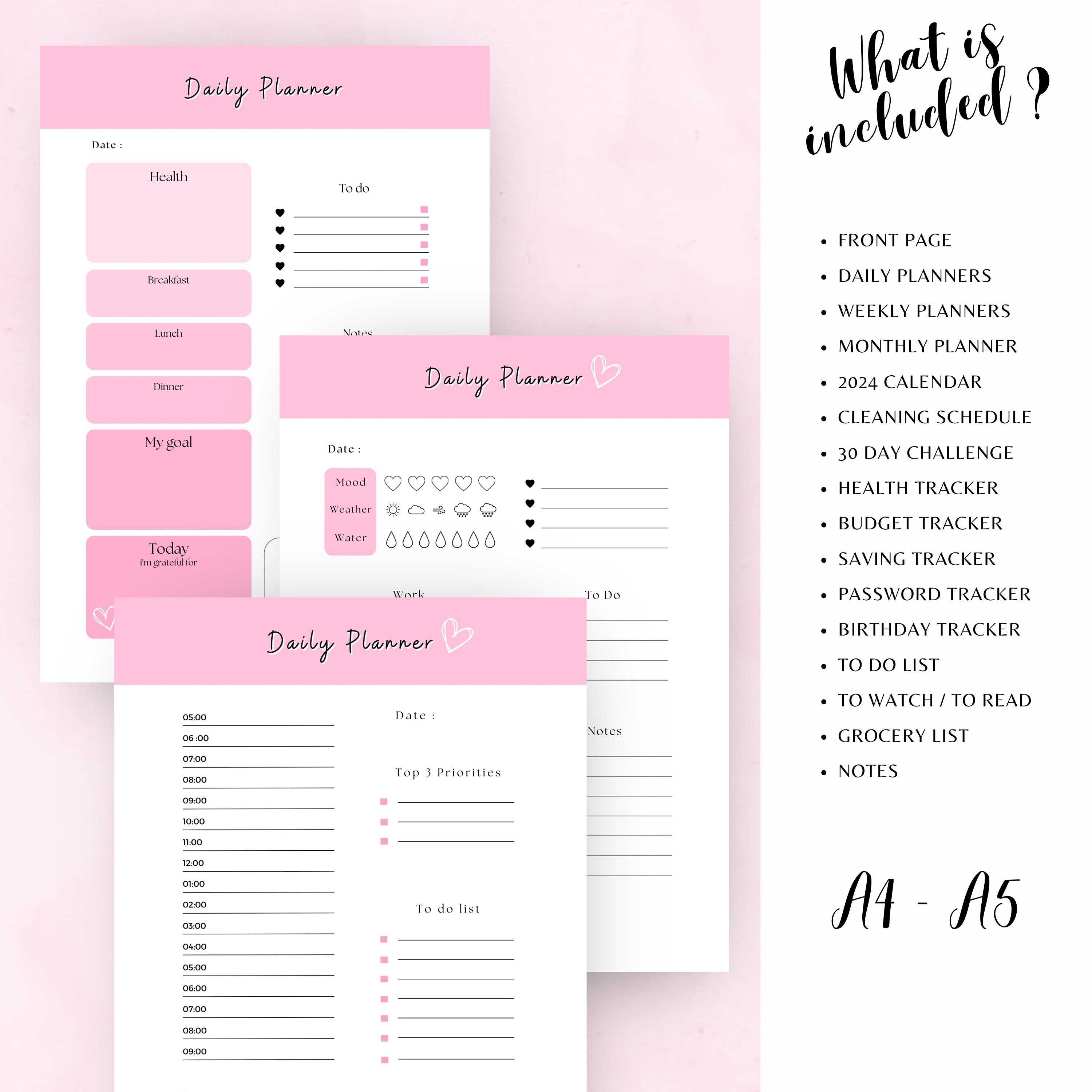 2024 Planner Printable Bundle PDF Pink Girly Planner Daily Planner ...